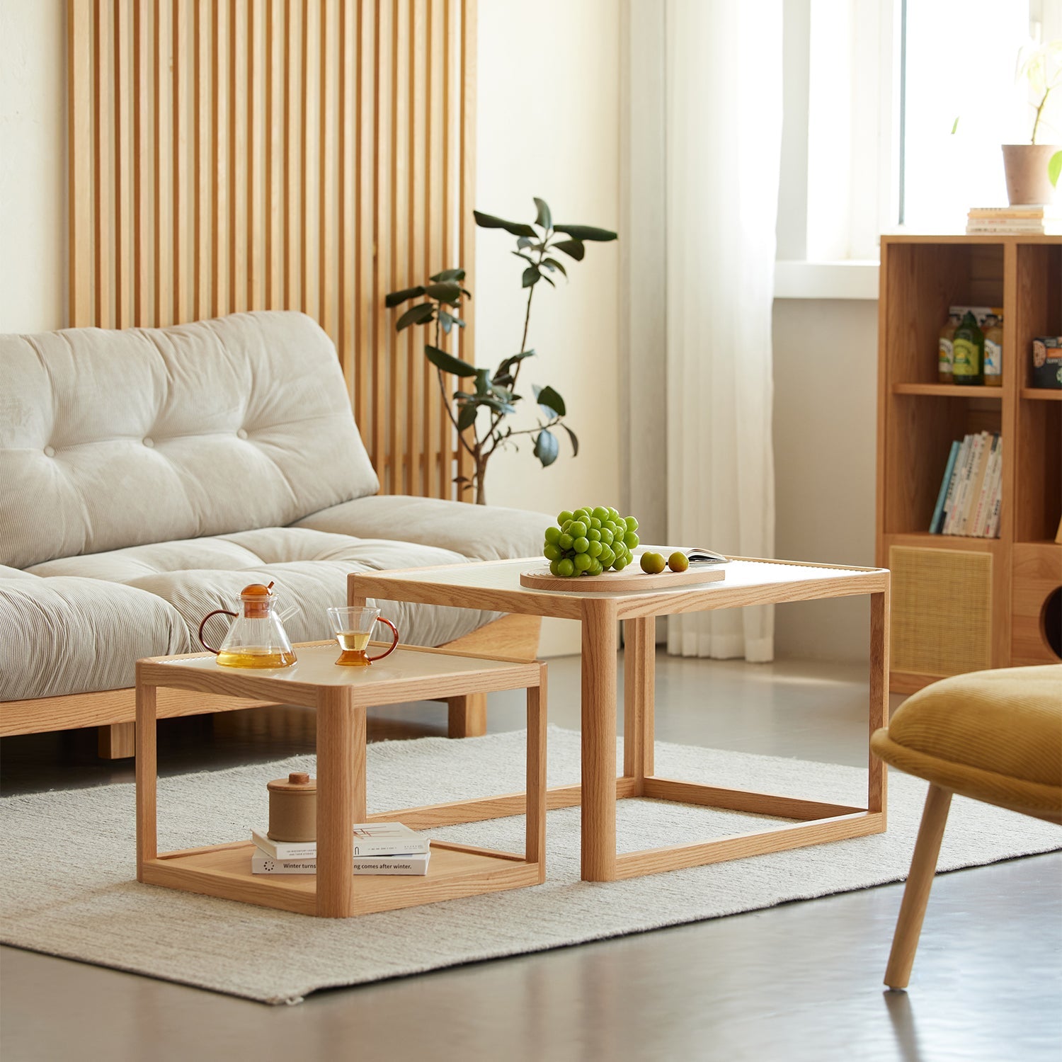 Scandinavian Oak Wood Moru Glass Coffee Table Set GLINT – Loft Home US